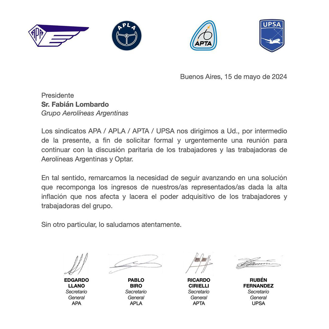 Nota al Presidente del Grupo Aerolíneas Argentinas, Fabián Lombardo de ...